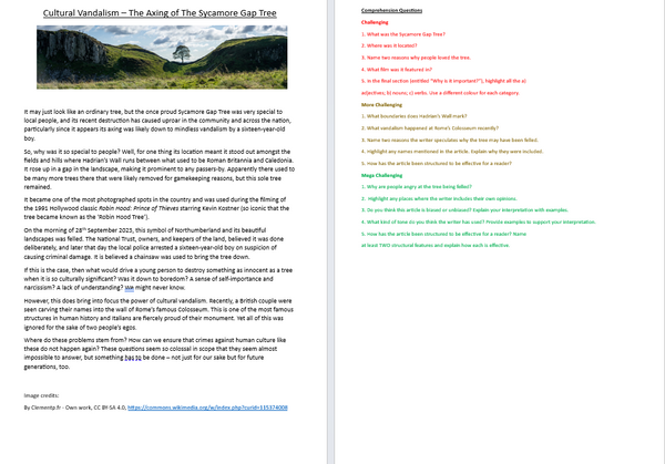 Sycamore Gap Tree Reading Comprehension – EnglishGCSE.co.uk