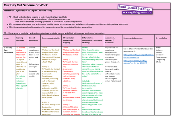 Our Day Out Scheme of Work Document – EnglishGCSE.co.uk