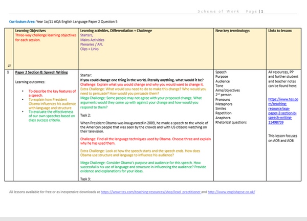 AQA English Language Paper 2 Question 5 Scheme of Work Document ...