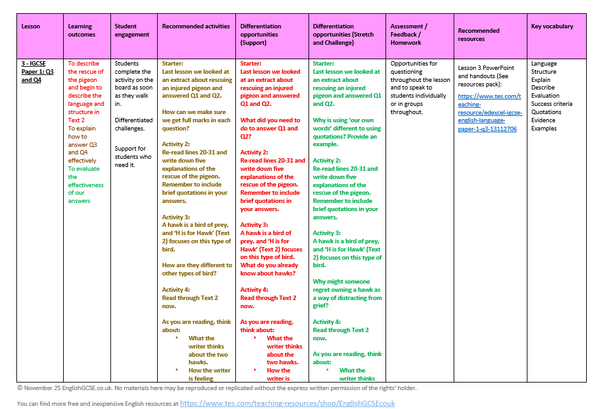 Edexcel IGCSE English Language Paper 1 Scheme of Work / Scheme of Lear ...