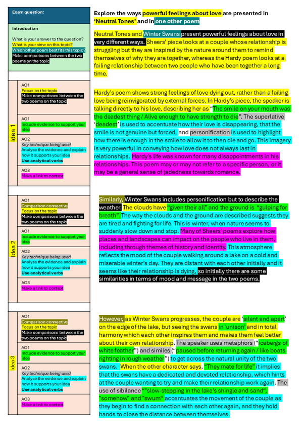 Love and Relationships Essay Structure Strips – EnglishGCSE.co.uk