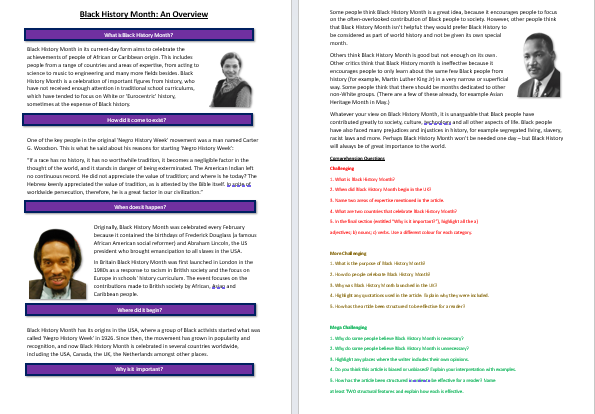 Black History Month Reading Comprehension – EnglishGCSE.co.uk